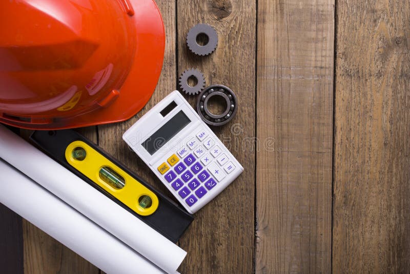Engineer Desk with Toolbox and Equipment on the Wooden Table Background ...