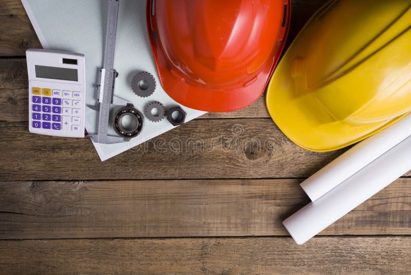Engineer Desk with Toolbox and Equipment on the Wooden Table Background ...