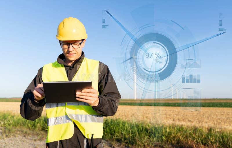 Engineer with Digital Tablet Controls Wind Turbines Stock Image - Image ...