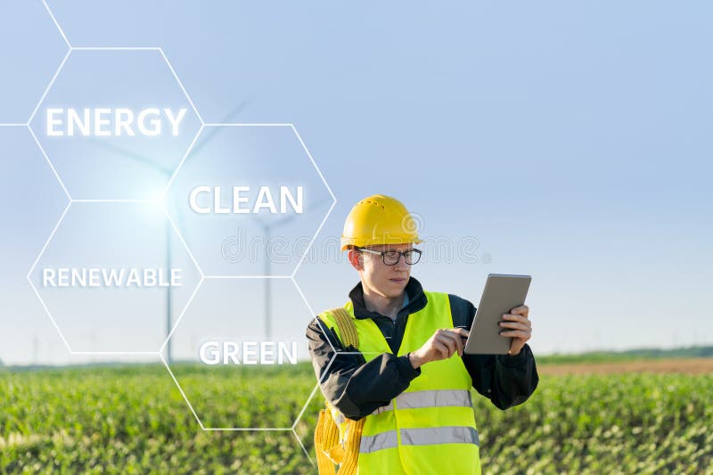 Engineer with Digital Tablet Controls Wind Turbines Stock Photo - Image ...