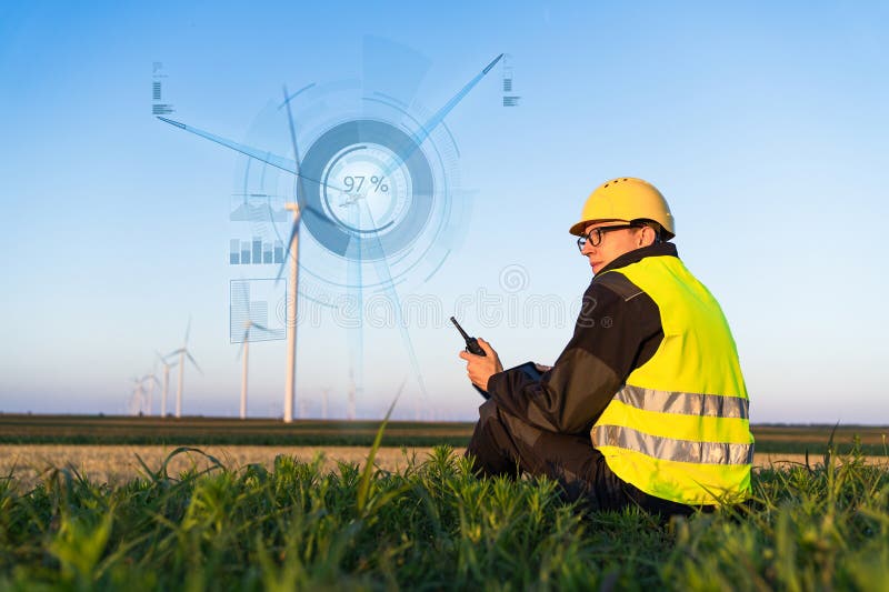 Engineer with Digital Tablet Controls Wind Turbines Stock Photo - Image ...