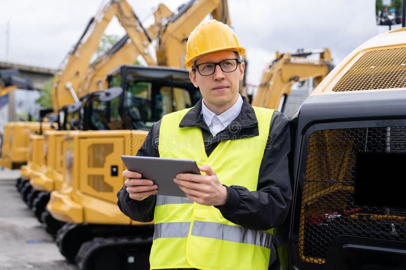 Engineer with a Digital Tablet Stands Next To Construction Excavators ...