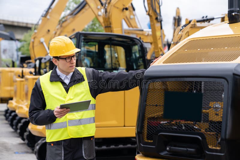 Engineer with a Digital Tablet Stands Next To Construction Excavators ...