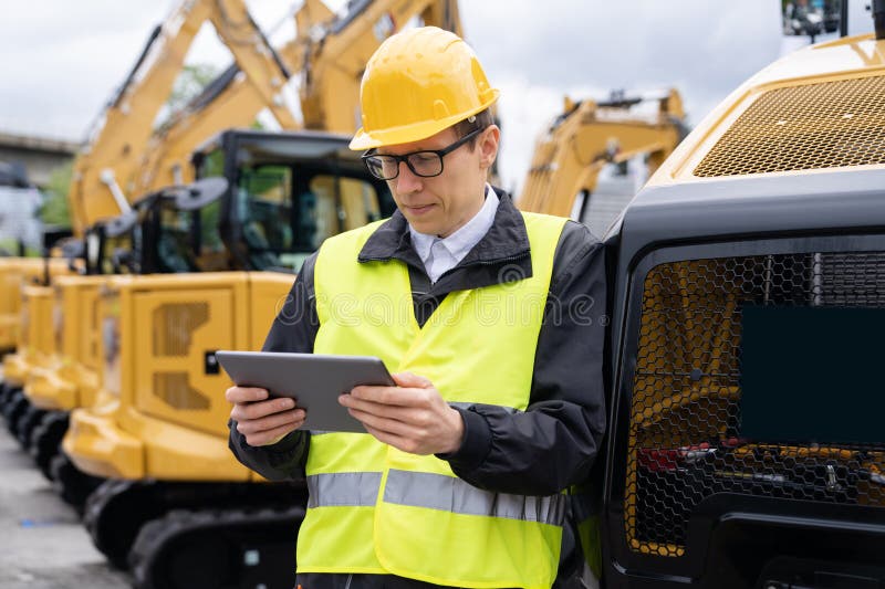 Engineer with a Digital Tablet Stands Next To Construction Excavators ...