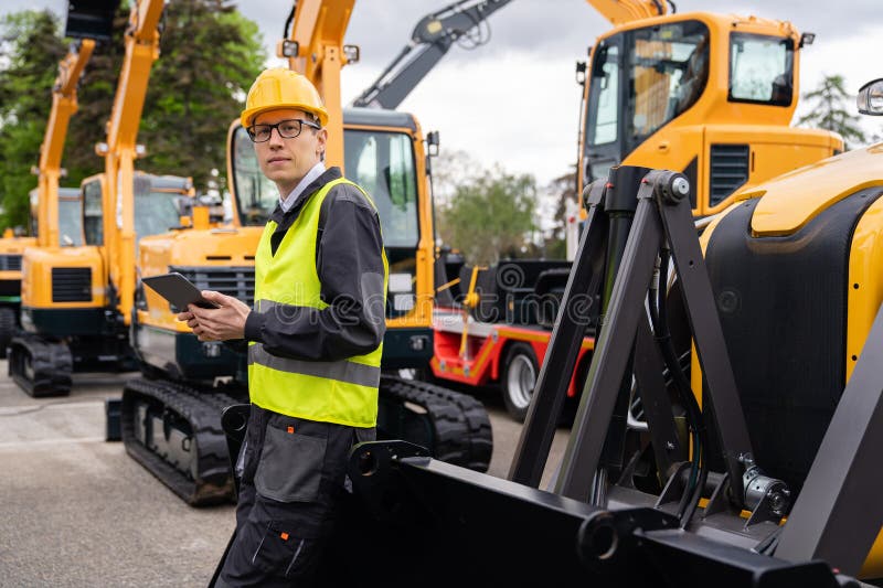 Engineer with a Digital Tablet Stands Next To Construction Excavators ...