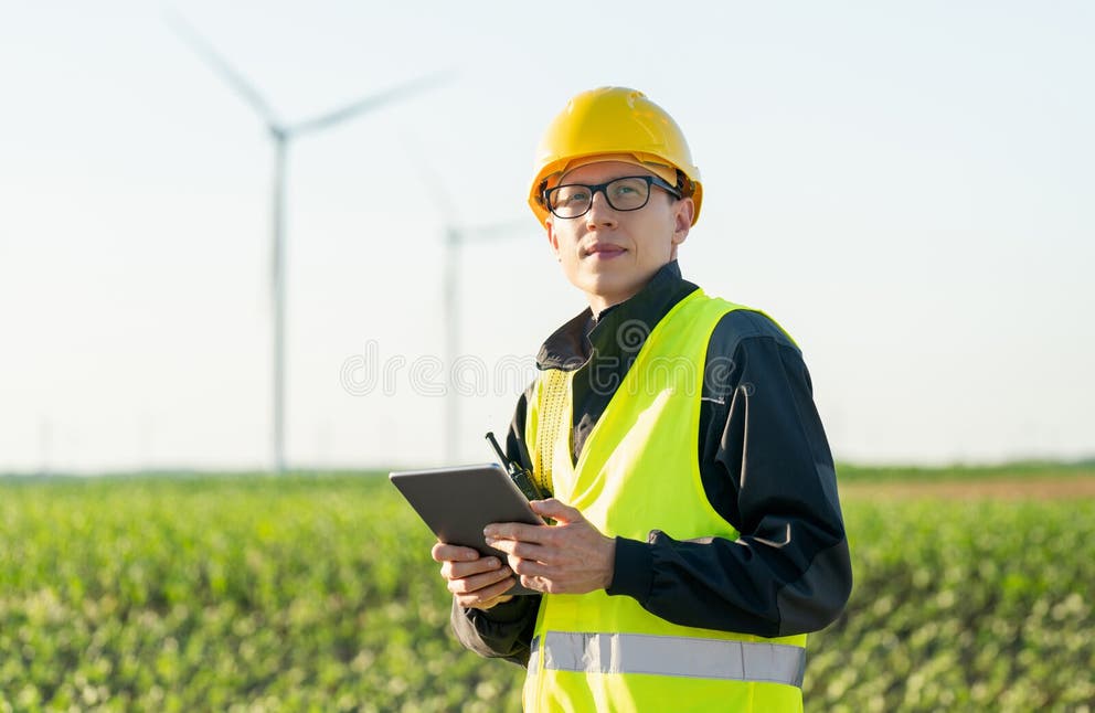 Engineer with Digital Tablet Works on a Field of Wind Turbines Stock ...