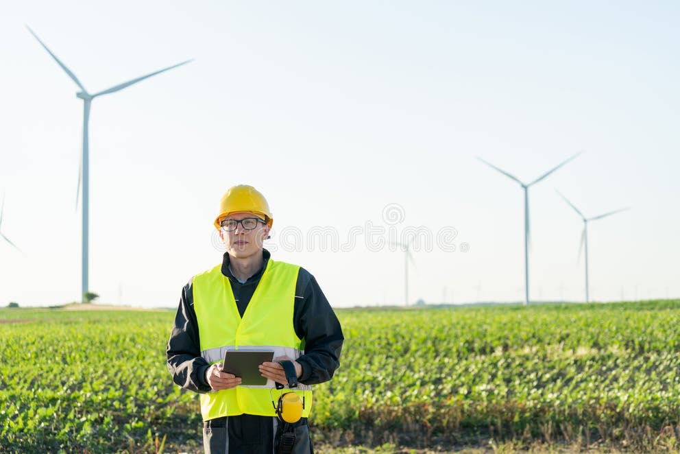 Engineer with Digital Tablet Works on a Field of Wind Turbines Stock ...