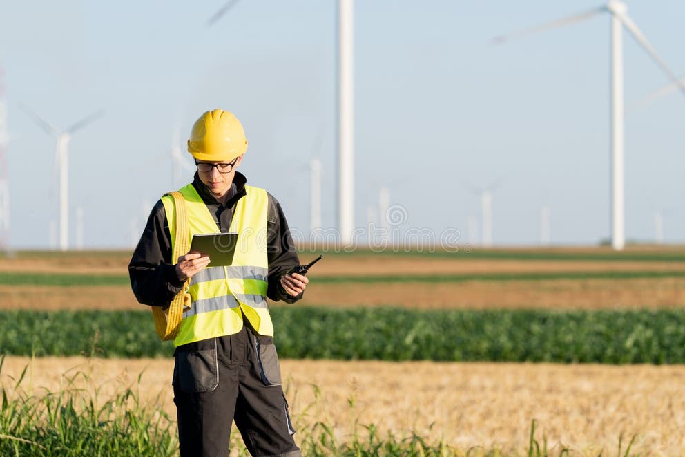 Engineer with Digital Tablet Works on a Field of Wind Turbines Stock ...