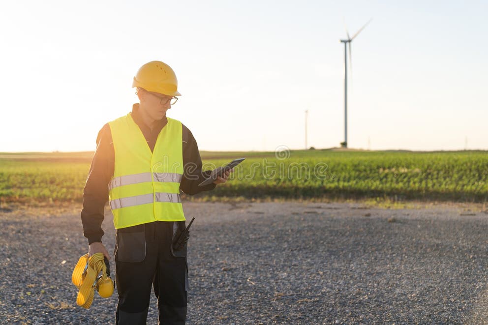 Engineer with Digital Tablet Works on a Field of Wind Turbines Stock ...