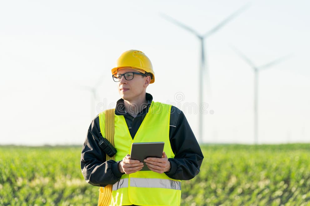 Engineer with Digital Tablet Works on a Field of Wind Turbines Stock ...