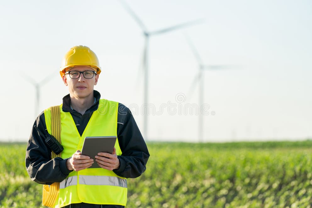 Engineer with Digital Tablet Works on a Field of Wind Turbines Stock ...