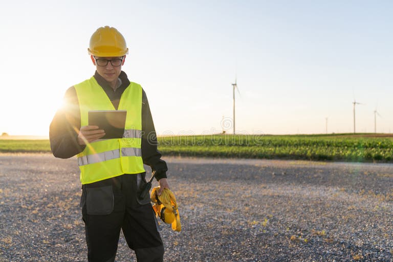 Engineer with Digital Tablet Works on a Field of Wind Turbines Stock ...