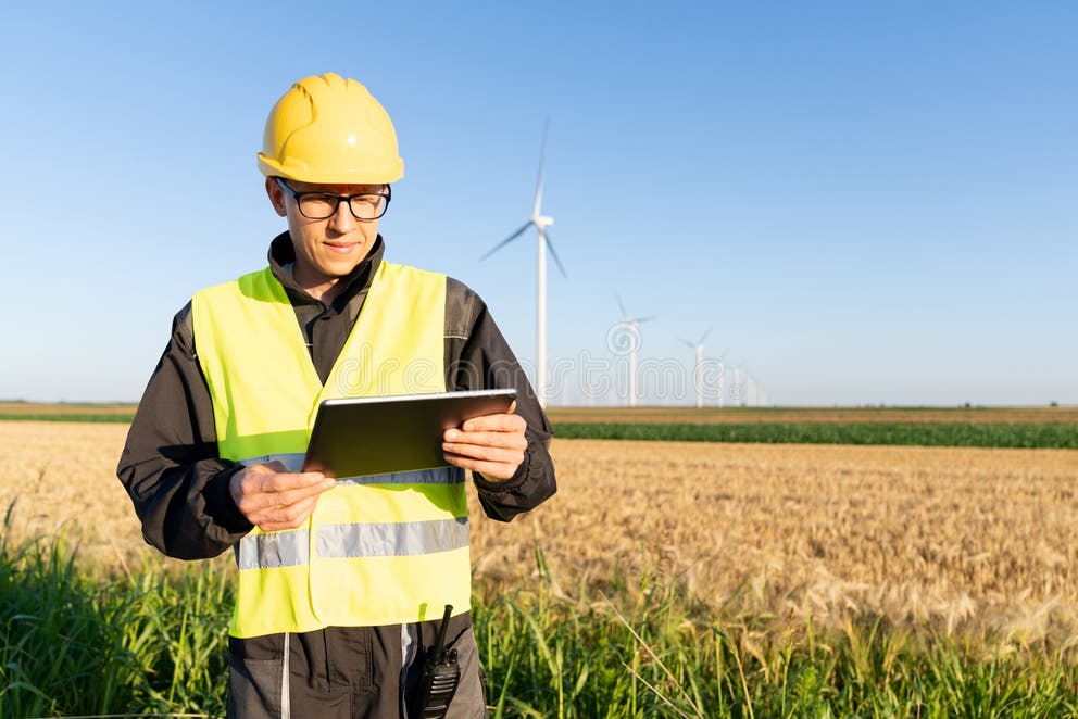 Engineer with Digital Tablet Works on a Field of Wind Turbines Stock ...