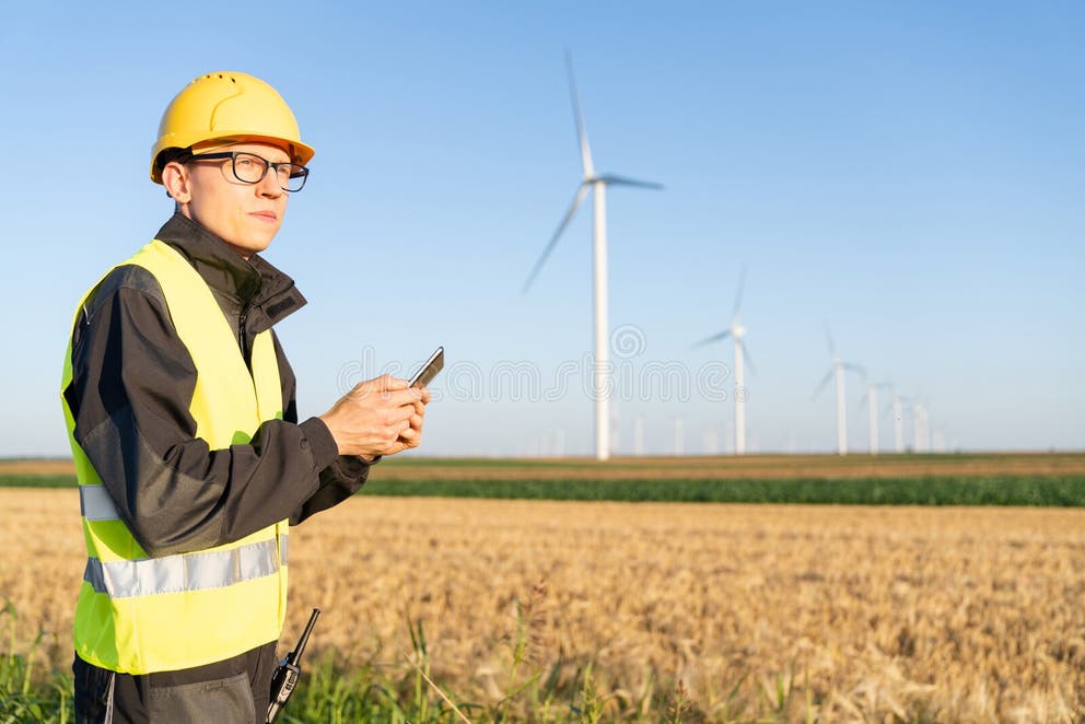 Engineer with Digital Tablet Works on a Field of Wind Turbines Stock ...