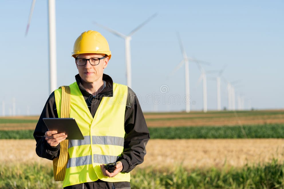 Engineer with Digital Tablet Works on a Field of Wind Turbines Stock ...