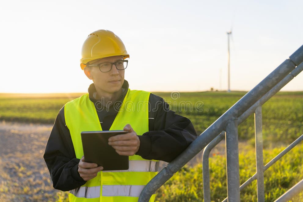 Engineer with Digital Tablet Works on a Field of Wind Turbines Stock ...