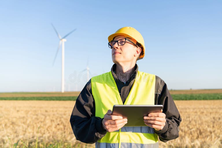 Engineer with Digital Tablet Works on a Field of Wind Turbines Stock ...