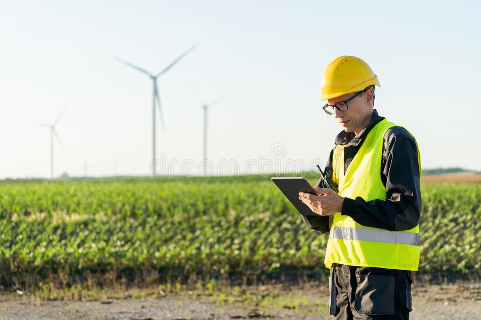 Engineer with Digital Tablet Works on a Field of Wind Turbines Stock ...