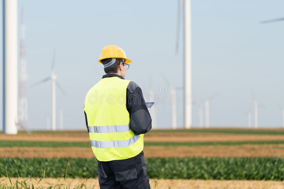 Engineer with Digital Tablet Works on a Field of Wind Turbines Stock ...