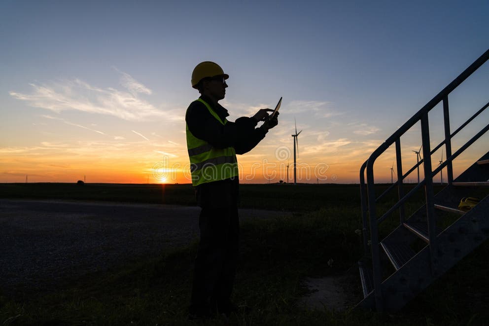 Engineer with Digital Tablet Works on a Field of Wind Turbines at ...