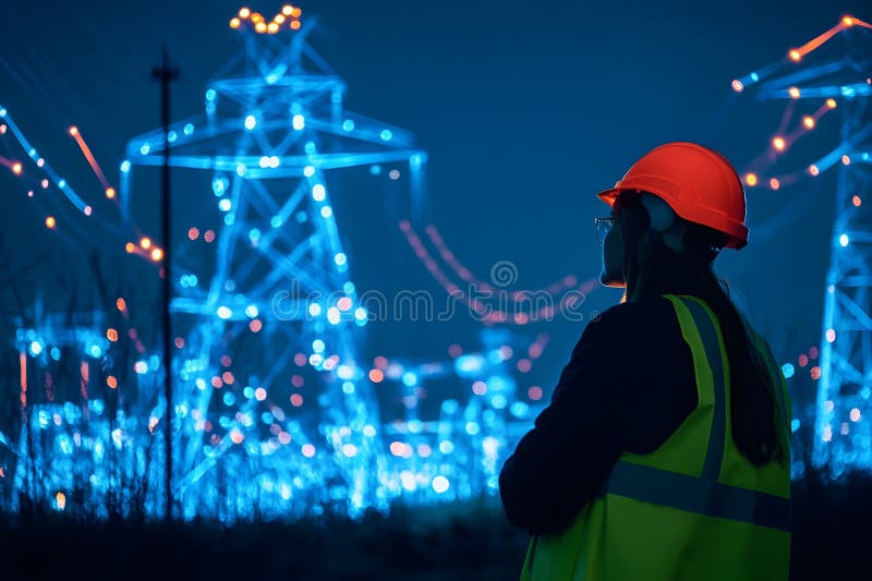Engineer Discussing Smart Grid Technology at Night Under Illuminated ...