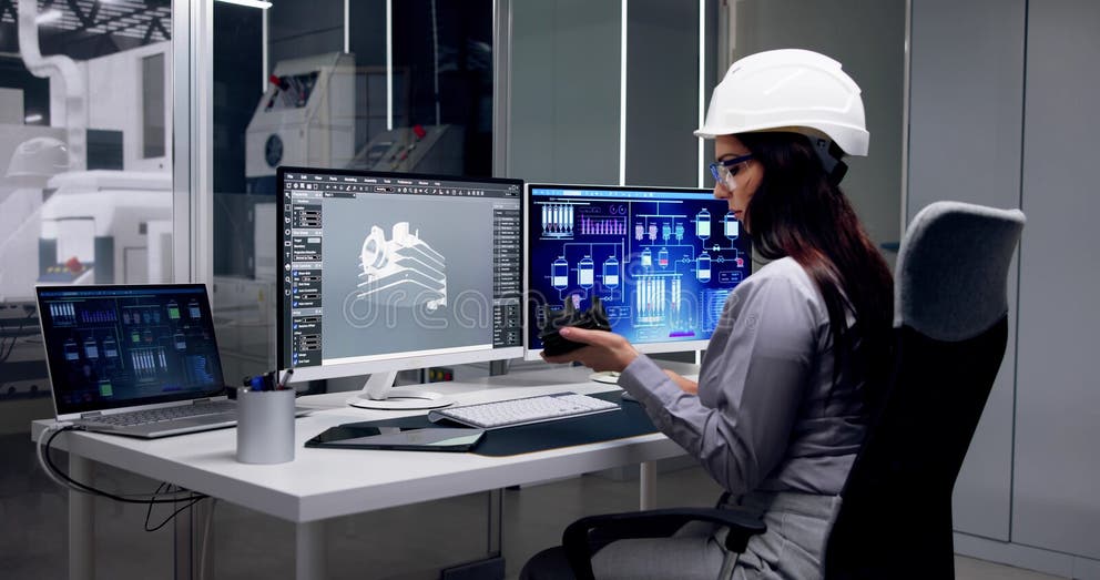 Engineer Doing 3D CAD Model Design on Computer Stock Illustration ...