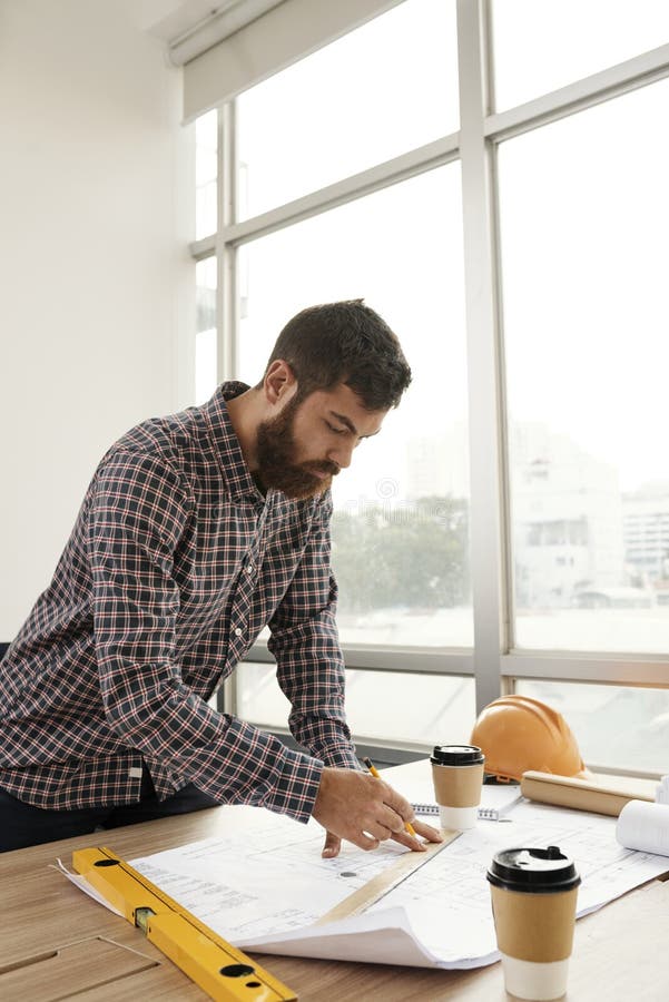 Engineer Double Checking Blueprint Stock Image - Image of retail ...