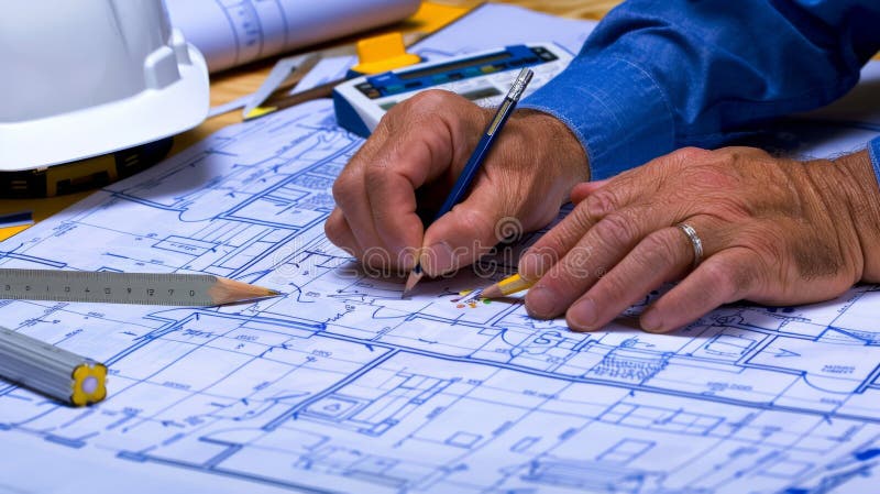 Engineer Drafting Construction Blueprint.AI Generated Image Stock Photo ...