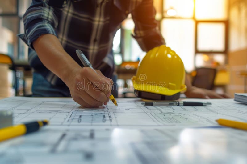 Engineer Drafting Plan on Blueprints Stock Photo - Image of civil ...