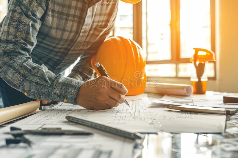 Engineer Drafting Plan on Blueprints Stock Image - Image of technical ...