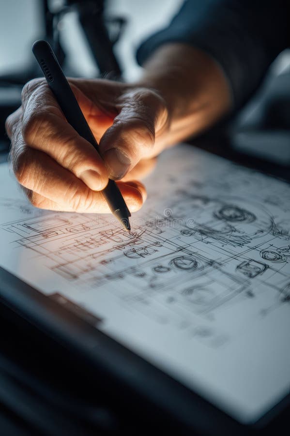 Engineer Drawing Blueprint on Tablet with Stylus in Dimly Lit Office ...