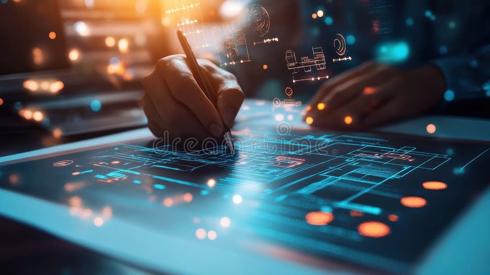 Engineer Drawing Futuristic Blueprint on Digital Tablet Using Augmented ...