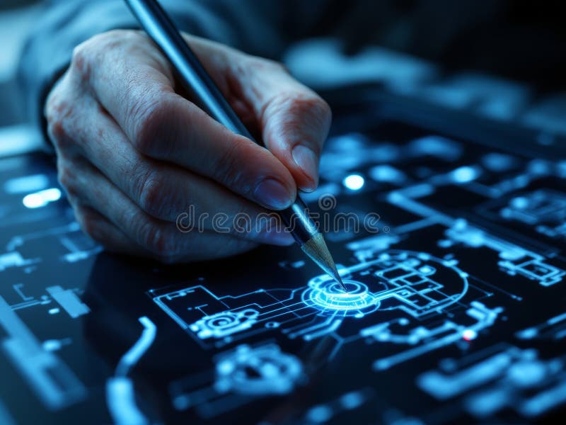 Engineer Drawing Futuristic Digital Blueprint on Interactive ...