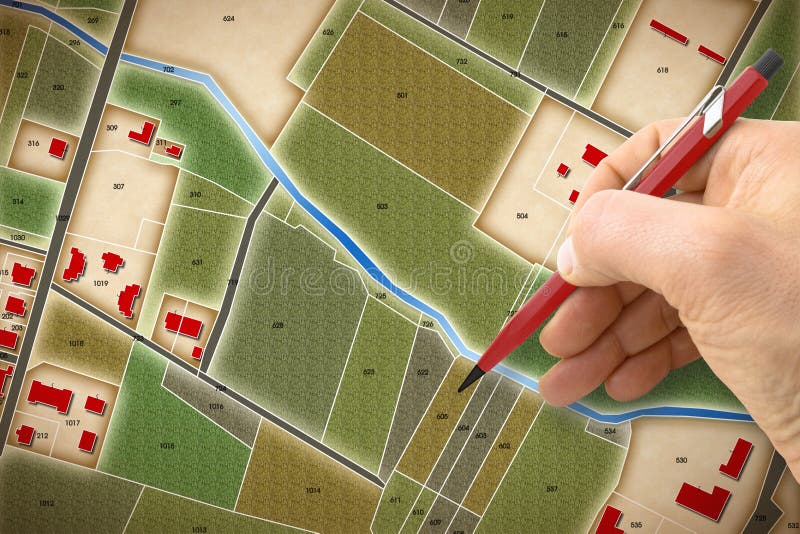 Engineer Drawing an Imaginary Cadastral Map of Territory of a Rural ...