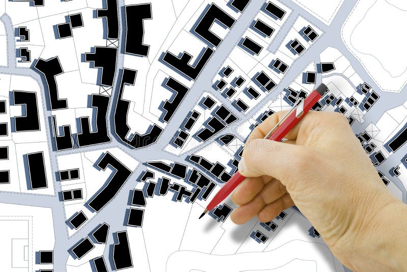 Engineer Drawing an Imaginary City Map of Territory with Buildings ...