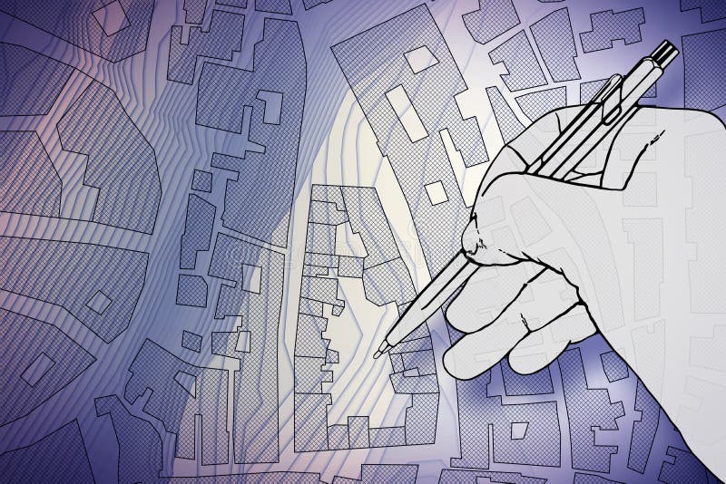 Engineer Drawing an Imaginary City Map of Territory with Buildings ...