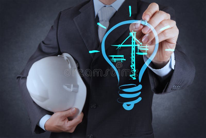Engineer Drawing Lightbulb and Construction Stock Photo - Image of ...