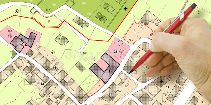 Engineer Drawing Over an Imaginary General Urban Plan of Territory with ...