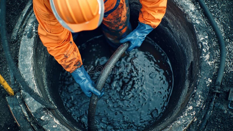 Engineer in Orange Uniform Cleans Dark Liquid from Manhole Using a ...