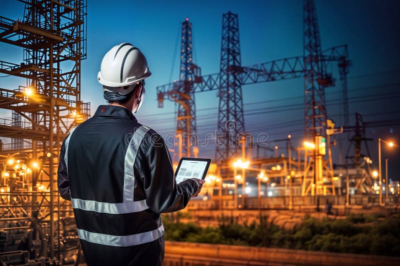 Engineer Working with Tablet Computer at Construction Site Background ...