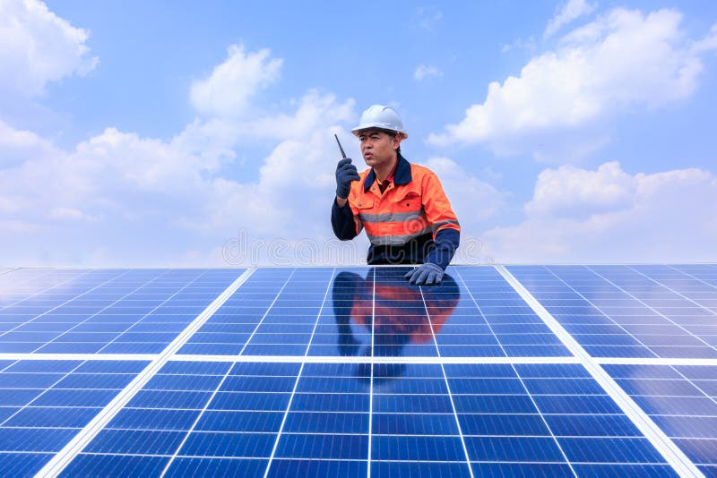 Engineer Einspects Solar Panels, Angle View Blue Sky Backgrounds Stock ...