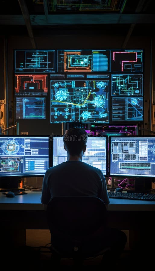 Engineer at Electric Power Plant Works on Control Panel with Colorful ...