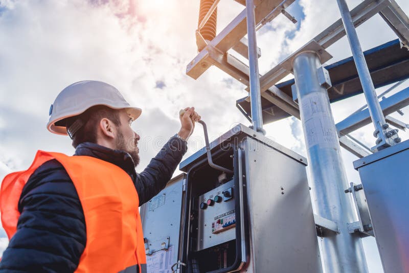 Engineer Electrician Check the Substation Construction Process Stock ...