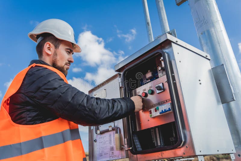 Engineer Electrician Check the Substation Construction Process Stock ...