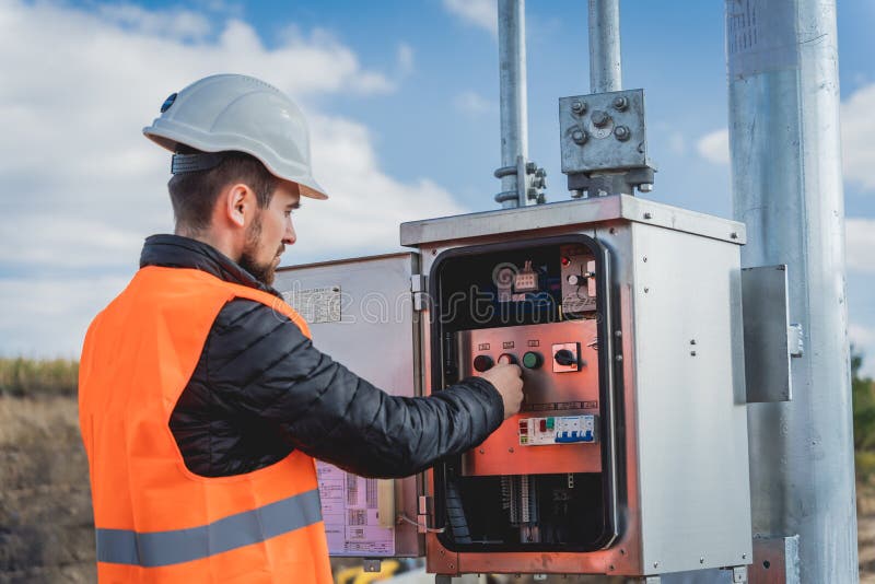 Engineer Electrician Check the Substation Construction Process Stock ...