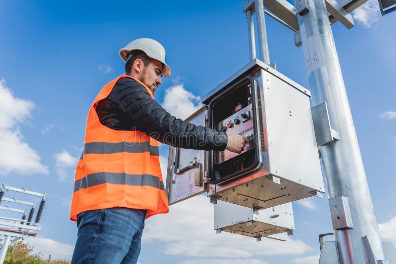 Engineer Electrician Check the Substation Construction Process Stock ...