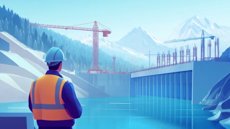 Engineer Evaluates Hydroelectric Dam with Safety Gear Overseeing ...