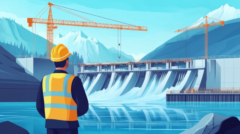Engineer Evaluates Hydroelectric Dam with Water Reservoir, Cranes, and ...