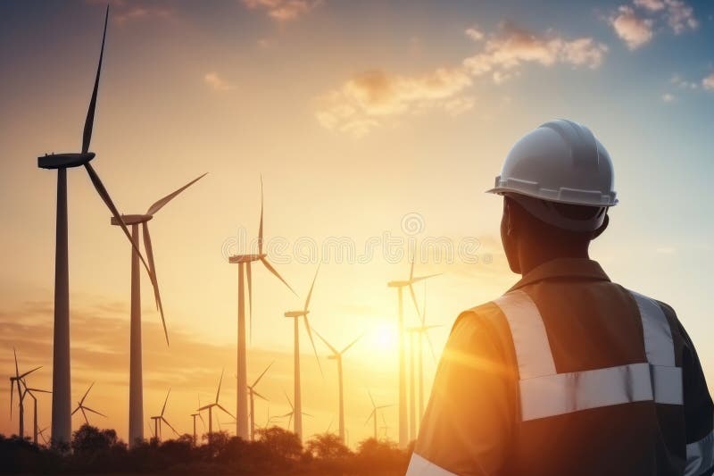 Engineer Evaluating Solar Panels and Wind Turbines for Renewable Energy ...