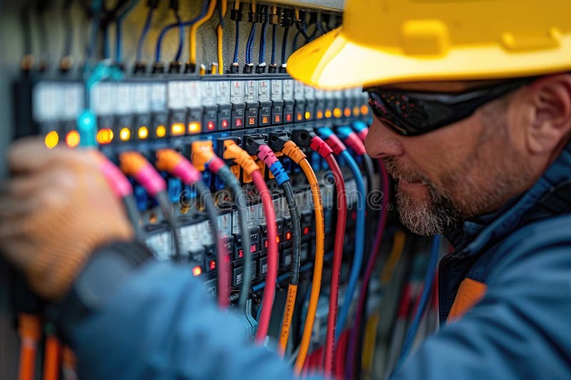 Electrician Working on Electrical Panel, Installing Cables and Wires ...